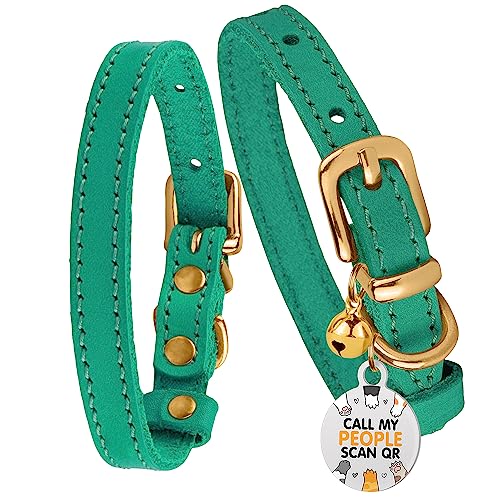 BRONZEDOG Leather Cat Collar with Bell Non Breakaway Kitten QR Tag for Girl Boy (7" - 9" for Cats, Green & Gold)