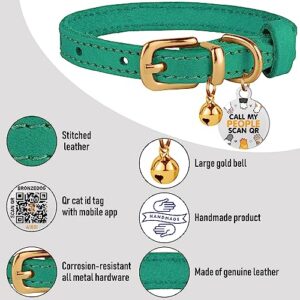 BRONZEDOG Leather Cat Collar with Bell Non Breakaway Kitten QR Tag for Girl Boy (7" - 9" for Cats, Green & Gold)