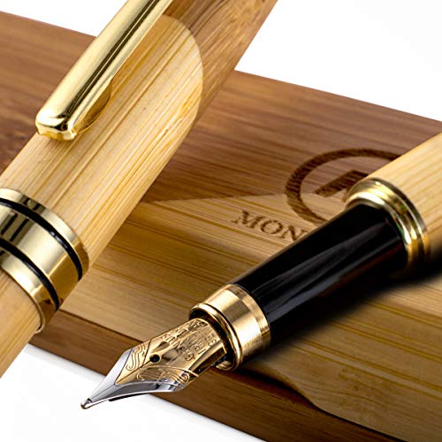 Gorgeous Bamboo Fountain Pen made of Luxury Wood with Refillable Converter, Beautiful Case Set and Medium Nib Point. Works Smoothly with International Disposable Cartridges. Fine Calligraphy Pens!