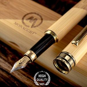 Gorgeous Bamboo Fountain Pen made of Luxury Wood with Refillable Converter, Beautiful Case Set and Medium Nib Point. Works Smoothly with International Disposable Cartridges. Fine Calligraphy Pens!