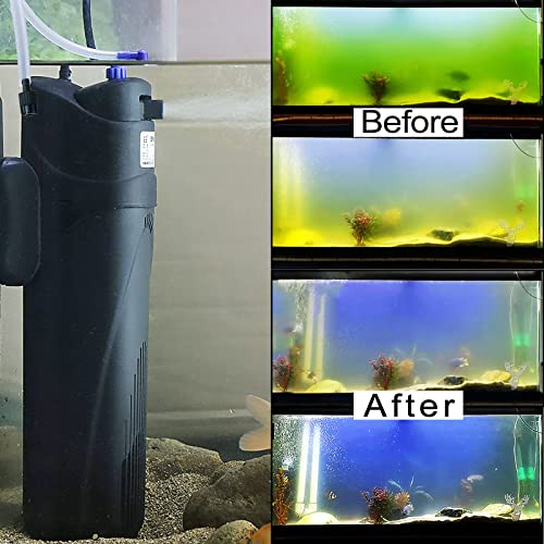 COOSPIDER Aquarium Filter Sun JUP-01 for 40-80 Gallon Tank Clear, U-V Fish Tank Green Clean Machine Submersible Pump w/ 1 Spare Bulb + 2 Replace Filter, 211gph 9 Watt