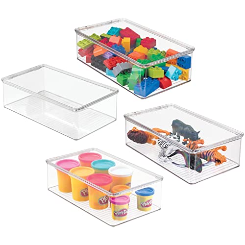 mDesign Plastic Playroom/Game Organizer Box Containers with Hinged Lid for Shelves or Cubbies, Holds Toys, Building Blocks, Puzzles, Markers, Controllers, or Crayons, Ligne Collection, 4 Pack, Clear