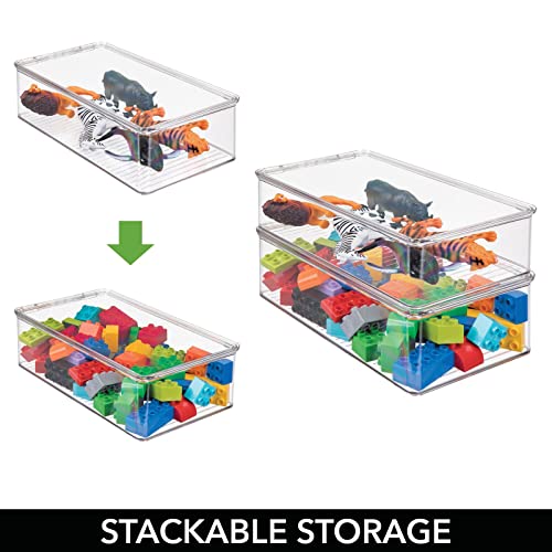 mDesign Plastic Playroom/Game Organizer Box Containers with Hinged Lid for Shelves or Cubbies, Holds Toys, Building Blocks, Puzzles, Markers, Controllers, or Crayons, Ligne Collection, 4 Pack, Clear