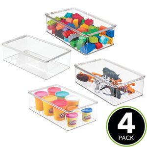 mDesign Plastic Playroom/Game Organizer Box Containers with Hinged Lid for Shelves or Cubbies, Holds Toys, Building Blocks, Puzzles, Markers, Controllers, or Crayons, Ligne Collection, 4 Pack, Clear