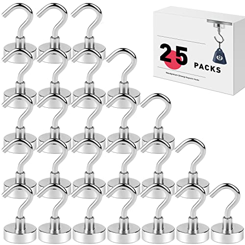 LOVIMAG Strong Magnetic Hooks, 25Lbs Rare Earth Magnets Heavy Duty with Hook for Refrigerator, Strong Cruise Hook for Hanging, Ceiling Magnets for Hanging, Grill and Kitchen- 25 Pack