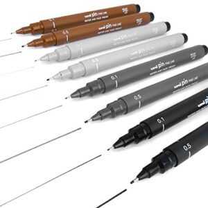 Uni Pin Fineliner Drawing Pen - Sketching Set of 8-0.1mm / 0.5mm - Black, Dark Gray, Light Gray, and Sepia