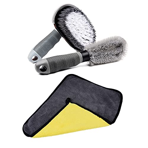 Cleaning Set for Car/Van/Truck/Camper - Nylon Brush for Flat Surfaces (Wheels, Tyres, Bumpers, Floor Mats) - Soft Brush for Openings (Rims, Grille, Roof Rack) - Soft Microfiber Cleaning Cloth