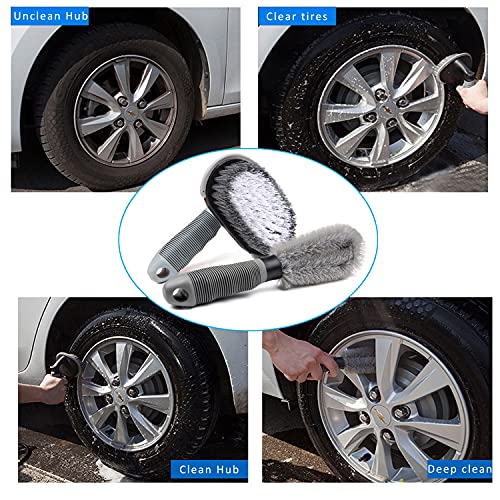 Cleaning Set for Car/Van/Truck/Camper - Nylon Brush for Flat Surfaces (Wheels, Tyres, Bumpers, Floor Mats) - Soft Brush for Openings (Rims, Grille, Roof Rack) - Soft Microfiber Cleaning Cloth