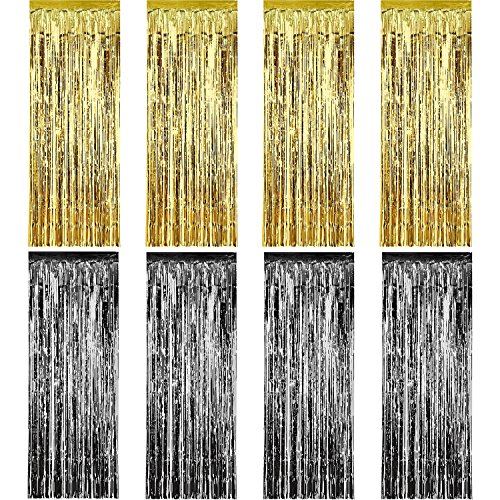 Sumind 8 Pack Foil Curtains Fringe Curtains Tinsel Backdrop Metallic Curtains for Birthday Wedding Party Photo Booth Decorations (Gold and Black)