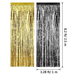 Sumind 8 Pack Foil Curtains Fringe Curtains Tinsel Backdrop Metallic Curtains for Birthday Wedding Party Photo Booth Decorations (Gold and Black)