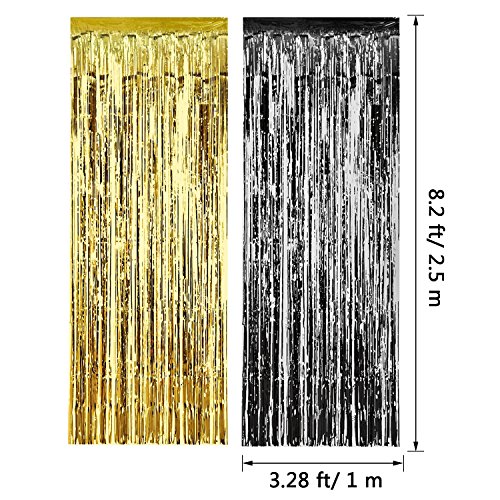 Sumind 8 Pack Foil Curtains Fringe Curtains Tinsel Backdrop Metallic Curtains for Birthday Wedding Party Photo Booth Decorations (Gold and Black)