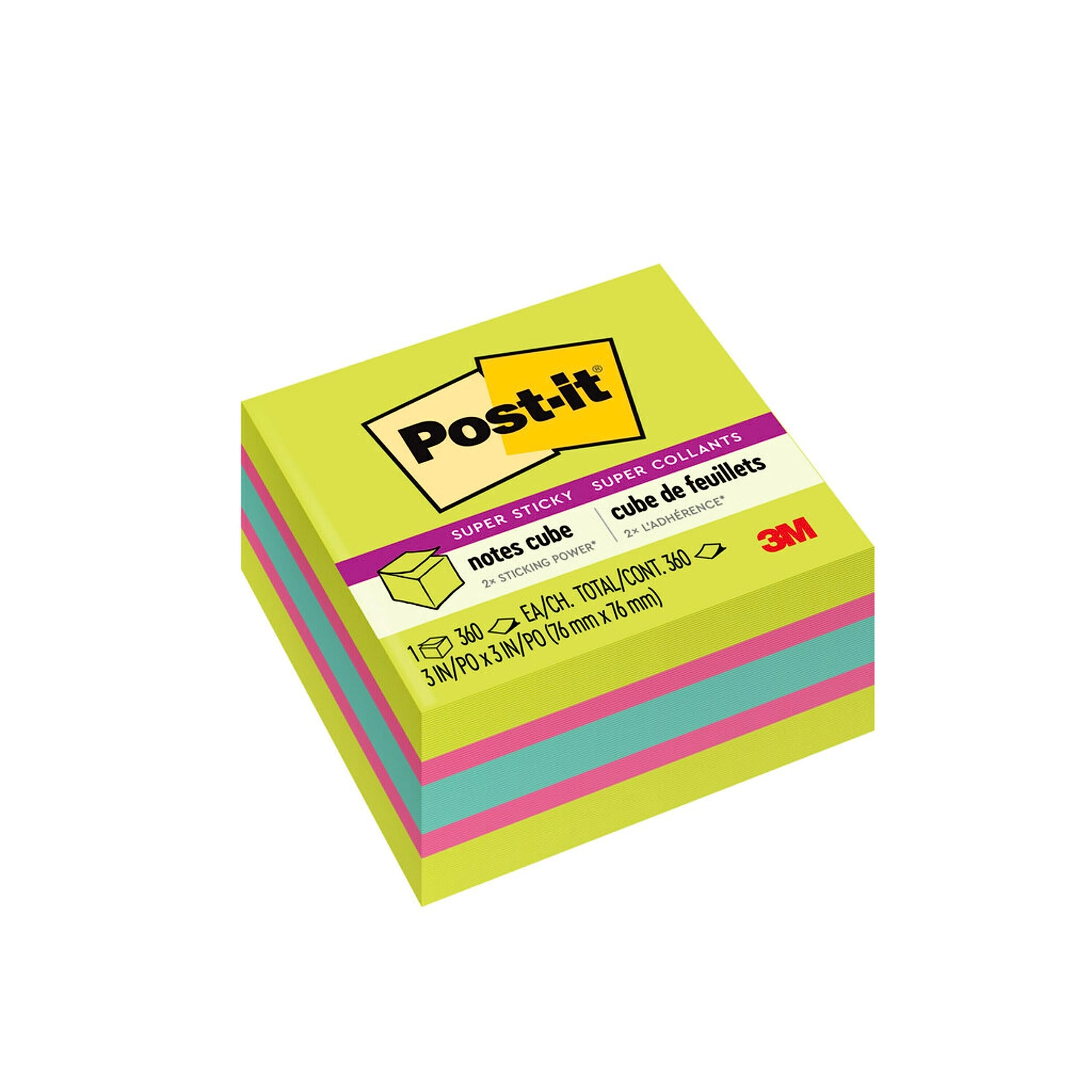 Post-it Super Sticky Notes, 3 in x 3 in, 1 Cube, 2x the Sticking Power, Bright Colors, Recyclable (2027-SSGFA)