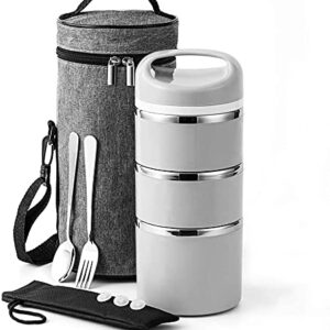 Lille Stackable Stainless Steel Thermal Compartment Lunch/Snack Box, 3-Tier Insulated Bento/Food Container with Lunch Bag, Fork & Spoon, Smart Diet, Weight Control, 43 OZ, Grey