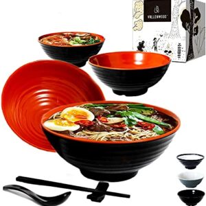 VALLENWOOD 4 set, 16 pieces. Ramen Bowl Set, Asian Japanese soup with Spoons Chopsticks and Stands, Restaurant Quality Melamine, Large 37 oz for Noodles, Pho, Noodle, Udon, Thai, Chinese dinnerware.