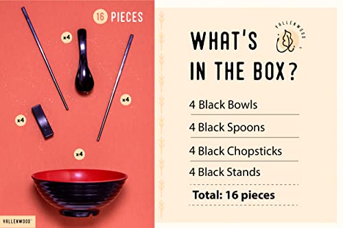 VALLENWOOD 4 set, 16 pieces. Ramen Bowl Set, Asian Japanese soup with Spoons Chopsticks and Stands, Restaurant Quality Melamine, Large 37 oz for Noodles, Pho, Noodle, Udon, Thai, Chinese dinnerware.