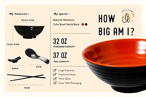 VALLENWOOD 4 set, 16 pieces. Ramen Bowl Set, Asian Japanese soup with Spoons Chopsticks and Stands, Restaurant Quality Melamine, Large 37 oz for Noodles, Pho, Noodle, Udon, Thai, Chinese dinnerware.