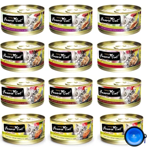 Fussie Cat Premium Canned Grain Free Cat Wet Food - Variety Bundle 4 Flavors Pack with HS Pet Food Bowl (12 Cans) (Tuna & Ocean Fish- Tuna & Salmon - Tuna & Shrimp - Tuna & Chicken) (2.82 Oz)