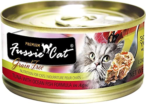 Fussie Cat Premium Canned Grain Free Cat Wet Food - Variety Bundle 4 Flavors Pack with HS Pet Food Bowl (12 Cans) (Tuna & Ocean Fish- Tuna & Salmon - Tuna & Shrimp - Tuna & Chicken) (2.82 Oz)