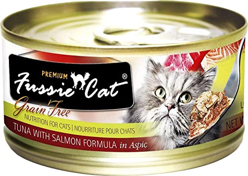 Fussie Cat Premium Canned Grain Free Cat Wet Food - Variety Bundle 4 Flavors Pack with HS Pet Food Bowl (12 Cans) (Tuna & Ocean Fish- Tuna & Salmon - Tuna & Shrimp - Tuna & Chicken) (2.82 Oz)