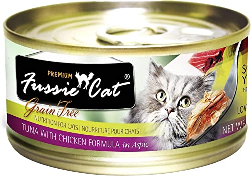 Fussie Cat Premium Canned Grain Free Cat Wet Food - Variety Bundle 4 Flavors Pack with HS Pet Food Bowl (12 Cans) (Tuna & Ocean Fish- Tuna & Salmon - Tuna & Shrimp - Tuna & Chicken) (2.82 Oz)