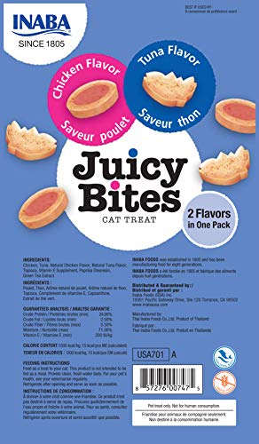 INABA Juicy Bites Grain-Free, Soft, Moist, Chewy Cat Treats with Vitamin E and Green Tea Extract, 0.4 Ounces per Pouch, 18 Pouches (3 per Bag), Tuna and Chicken