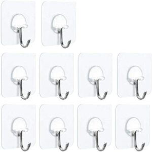 fotosnow adhesive hooks heavy duty 15lbs(max) transparent wall hooks reusable seamless shower hooks stick on hooks for hanging bathroom kitchen outdoors -10 pack