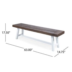 Cytheria Indoor Farmhouse Dark Brown Sandblast Finish Acacia Wood Dining Bench with White Rustic Metal Finish Frame