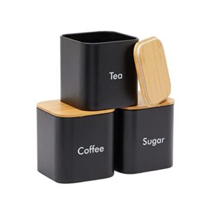 juvale 3-piece set sugar tea coffee kitchen canister set, black stainless steel containers with bamboo lids (48 oz)