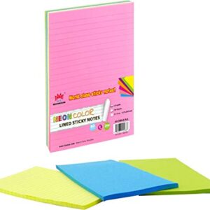 4A 4A 5084-N-L Sticky Notes, 5 x 8 Inches, Large Size, Lined, 4 Neon Colors, Self-Stick Notes, 50 Sheets/Pad, 4 Pads/Pack, 200 Sheets/Pack