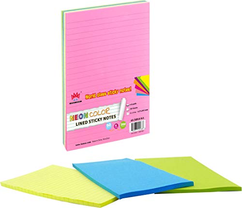 4A 4A 5084-N-L Sticky Notes, 5 x 8 Inches, Large Size, Lined, 4 Neon Colors, Self-Stick Notes, 50 Sheets/Pad, 4 Pads/Pack, 200 Sheets/Pack