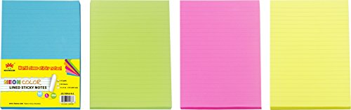 4A 4A 5084-N-L Sticky Notes, 5 x 8 Inches, Large Size, Lined, 4 Neon Colors, Self-Stick Notes, 50 Sheets/Pad, 4 Pads/Pack, 200 Sheets/Pack