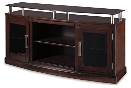 Signature Design by Ashley Chanceen Traditional TV Stand Fits TVs up to 58", Raised Glass Top, Adjustable Shelf and 2 Cabinets For Storage, Dark Brown