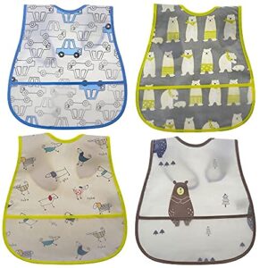 baby bib baby food bib toddler bibs baby bibs waterproof baby bib infant with snaps boys bibs for toddlers baby bibs toddler bibs plastic bibs bib with food catcher- 4pcs(car puppy bear)