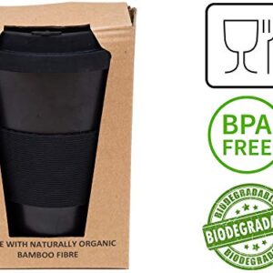 Reusable Coffee Cup Travel Mug Eco-Friendly Bamboo Fibre Silicon Natural 15oz (Black)