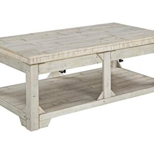 Signature Design by Ashley Fregine Farmhouse Rectangular Lift Top Coffee Table with Floor Shelf, Whitewash with Weathered Finish