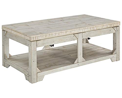 Signature Design by Ashley Fregine Farmhouse Rectangular Lift Top Coffee Table with Floor Shelf, Whitewash with Weathered Finish