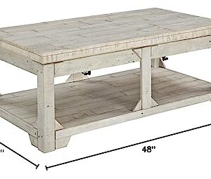 Signature Design by Ashley Fregine Farmhouse Rectangular Lift Top Coffee Table with Floor Shelf, Whitewash with Weathered Finish