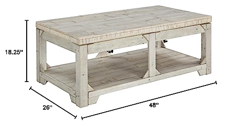 Signature Design by Ashley Fregine Farmhouse Rectangular Lift Top Coffee Table with Floor Shelf, Whitewash with Weathered Finish