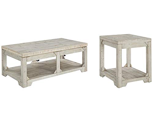 Signature Design by Ashley Fregine Farmhouse Rectangular Lift Top Coffee Table with Floor Shelf, Whitewash with Weathered Finish