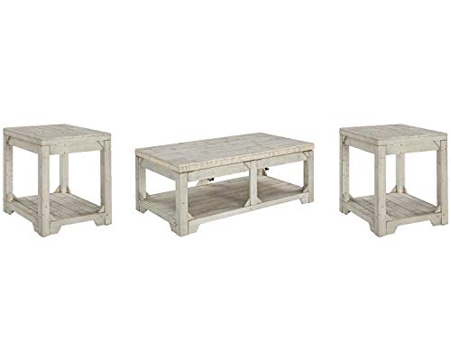 Signature Design by Ashley Fregine Farmhouse Rectangular Lift Top Coffee Table with Floor Shelf, Whitewash with Weathered Finish