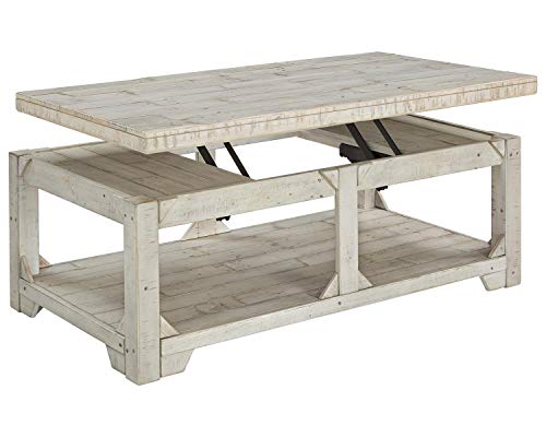 Signature Design by Ashley Fregine Farmhouse Rectangular Lift Top Coffee Table with Floor Shelf, Whitewash with Weathered Finish