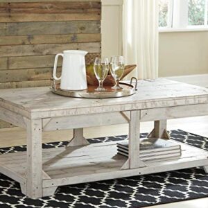 Signature Design by Ashley Fregine Farmhouse Rectangular Lift Top Coffee Table with Floor Shelf, Whitewash with Weathered Finish