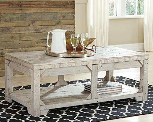 Signature Design by Ashley Fregine Farmhouse Rectangular Lift Top Coffee Table with Floor Shelf, Whitewash with Weathered Finish