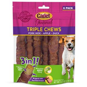 cadet gourmet triple chews pork hide, apple, & duck dog treats - healthy dog treats for small & large dogs - inspected & tested in usa (6 count)