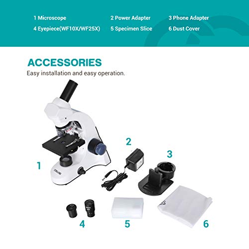 ESSLNB 1000X Microscope for Kids Students 40X-1000X Biological Compound Microscopes with Cell Phone Adapter Double Layer Stage Abbe Condenser and Slides