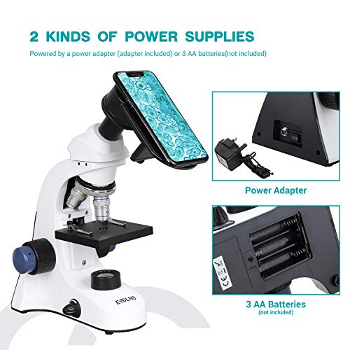 ESSLNB 1000X Microscope for Kids Students 40X-1000X Biological Compound Microscopes with Cell Phone Adapter Double Layer Stage Abbe Condenser and Slides