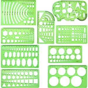 9 pieces drawings templates measuring geometric rulers plastic draft rulers for school office supplies, clear green