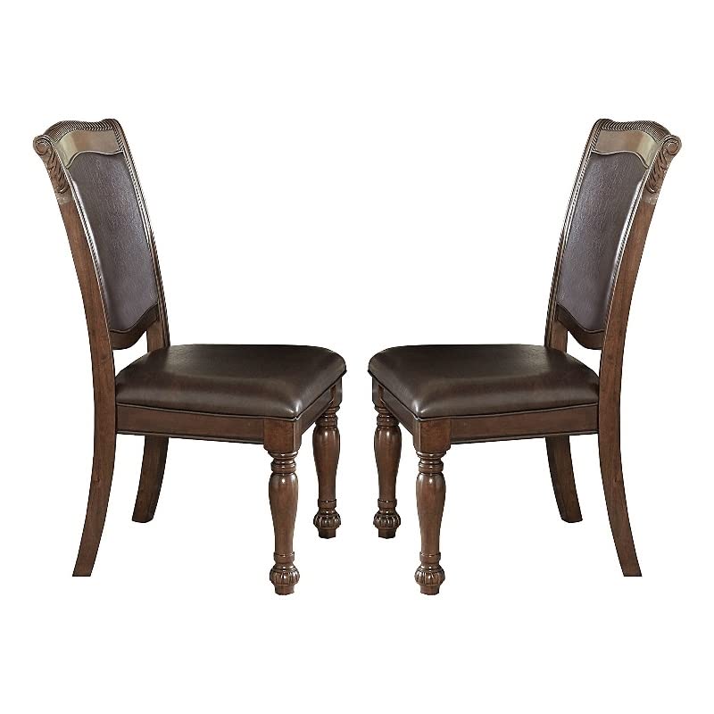 Wood & Leather Dining Side Chair, Cherry Brown & Dark Brown, Set of 2