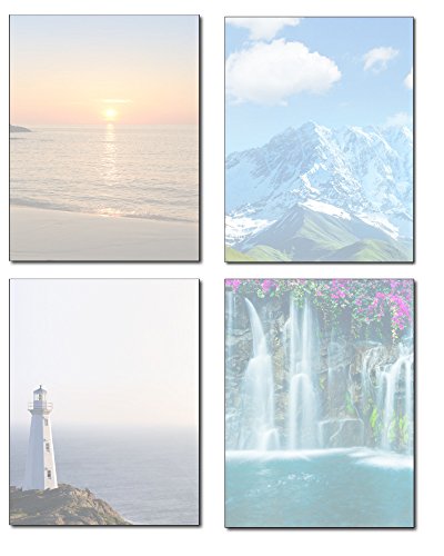 Scenic Stationery Variety - 4 Beautiful Designs - 80 Sheets - Lighthouse, Waterfall, Mountain, & Ocean Beach Sunset