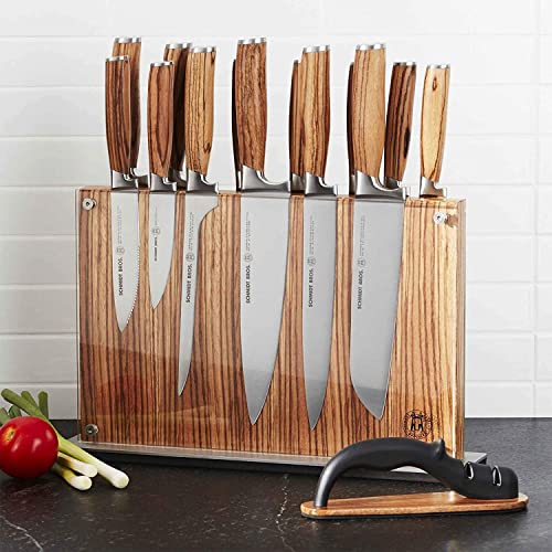 Schmidt Brothers - Zebra Wood, 15-Piece Kitchen Knife Set, High-Carbon Stainless Steel Cutlery with Zebra Wood and Acrylic Magnetic Knife Block and Knife Sharpener